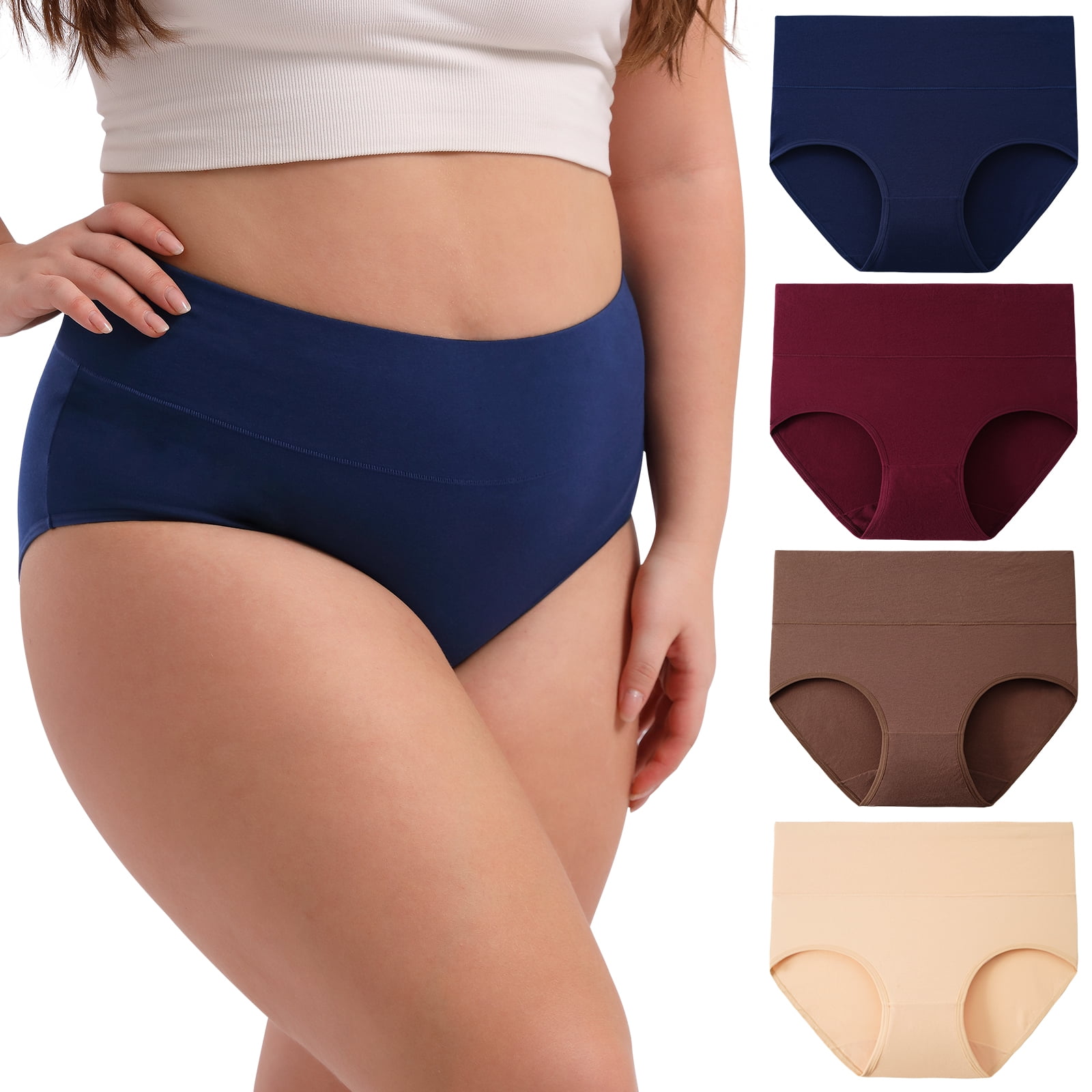 INNERSY Women's Plus Size XL-5XL Cotton Underwear High Waisted Briefs Panties 4-Pack (XL,Earthy ...