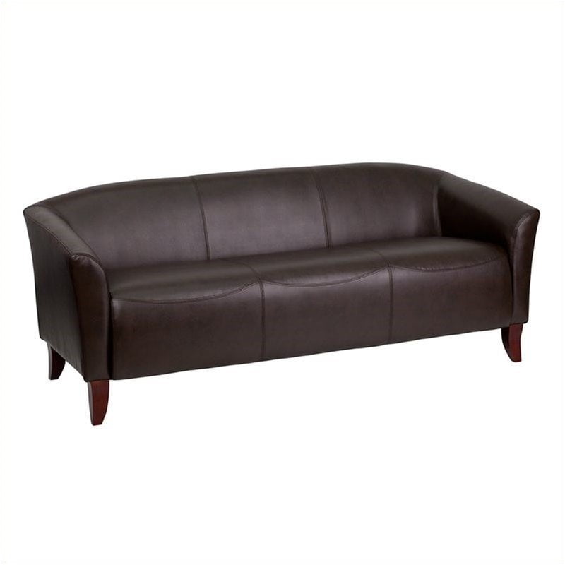 Bowery Hill Leather Upholstered Sloping Arms Sofa in Brown/Cherry ...