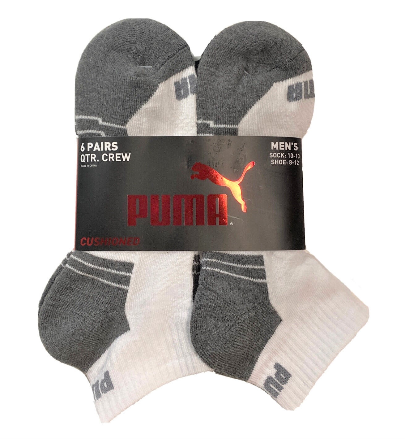 PUMA SOCKS MEN'S - QUARTER CREW LARGE (10-13) WHITE GREY - PACK 6 ...
