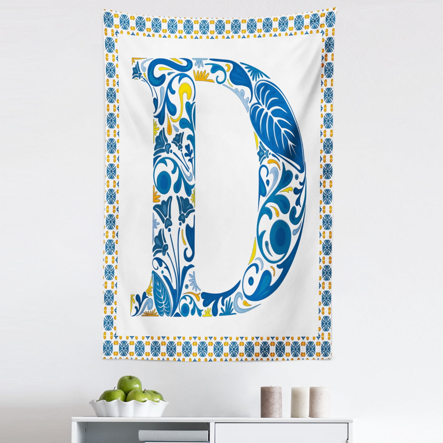 Letter D Tapestry, Vibrant Colored Swirls and Flower Elements in ...