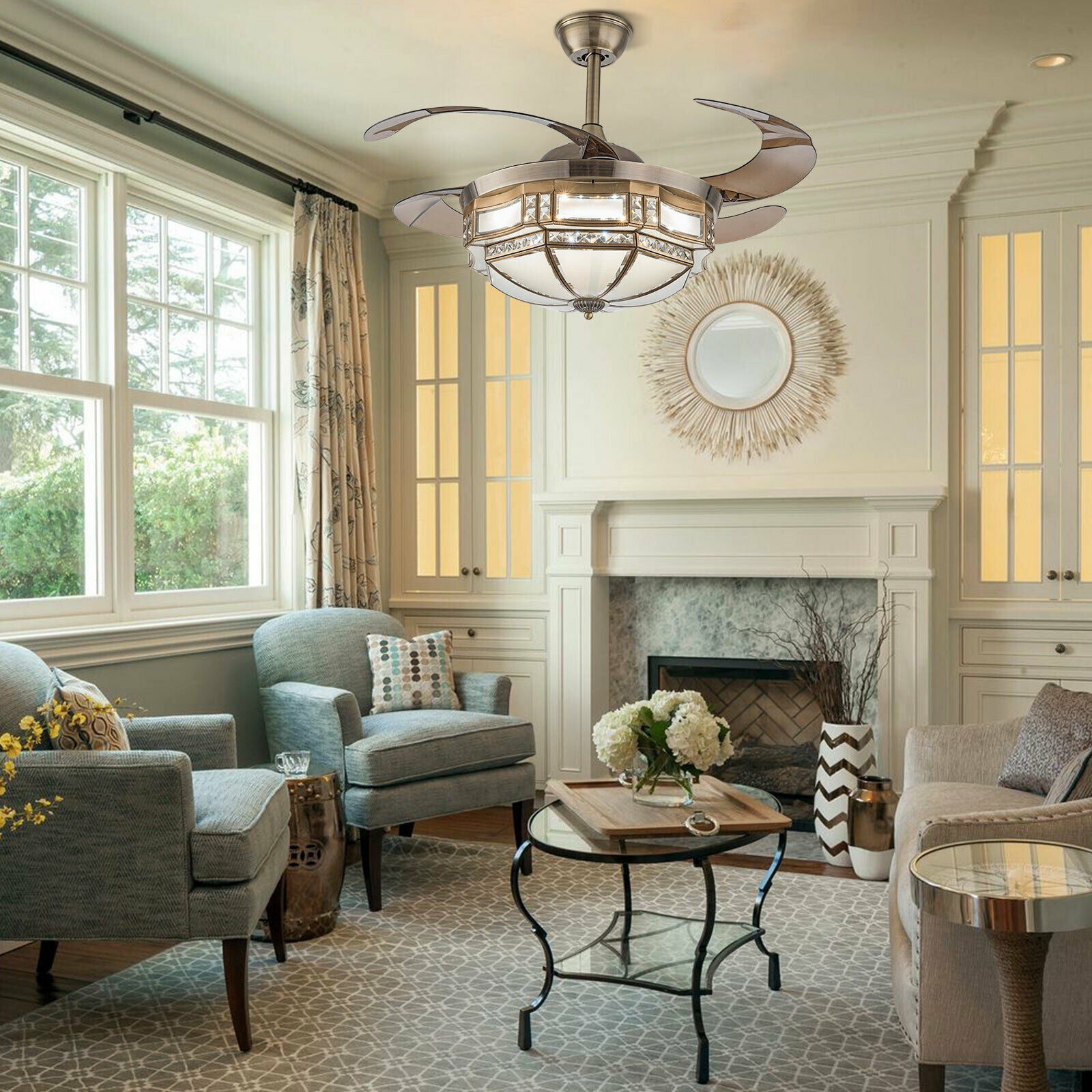 CNCEST 42" Tiffany Style Ceiling Fan w/Light LED Chandelier w/Remote ...