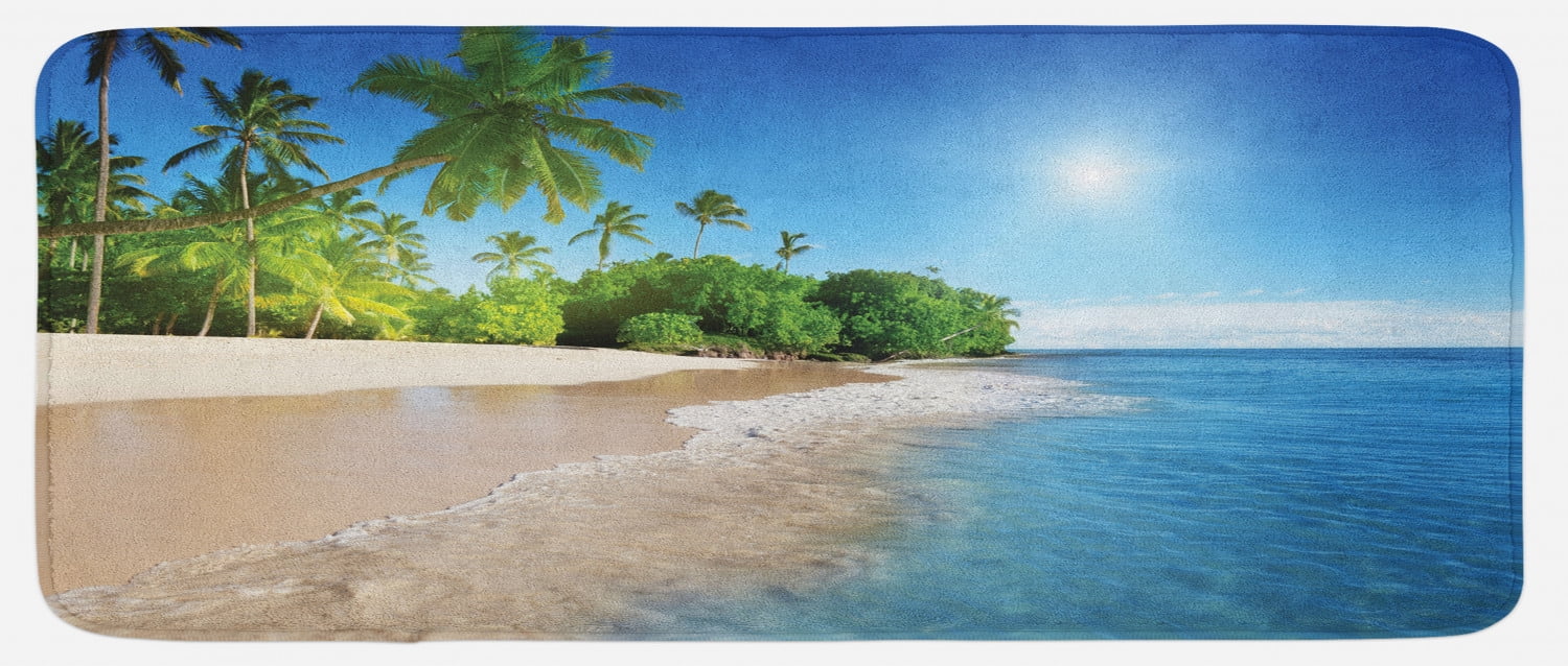 Tropic Kitchen Mat, Ocean Tropical Palm Trees on Sunny Island Beach ...