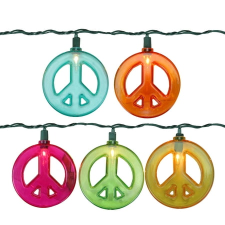 Set of 10 Multi-Colored Peace Sign Christmas Lights - Green Wire ...