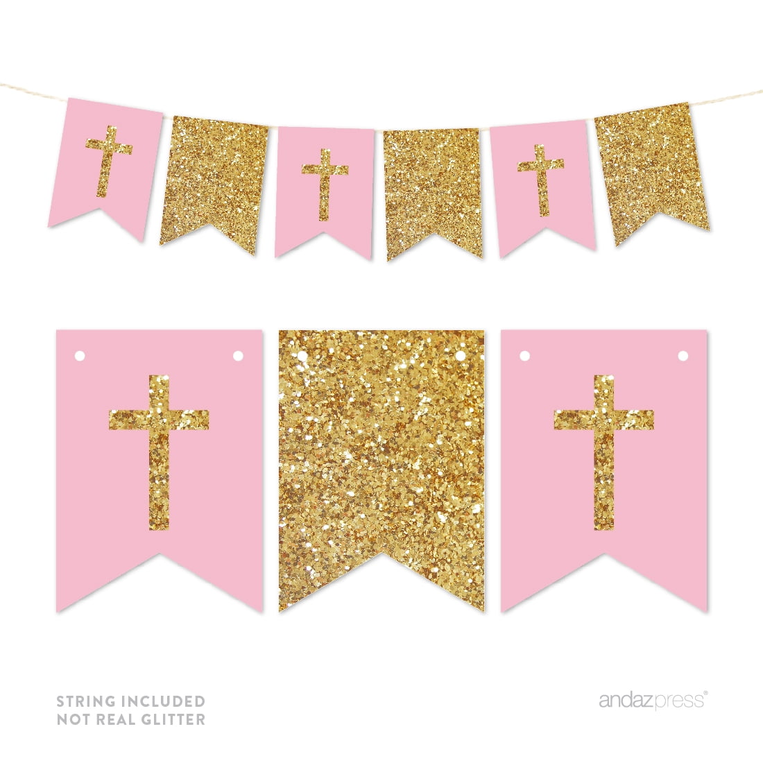 Pink Gold Glitter Baptism Communion Christening Pennant Party Banner ...