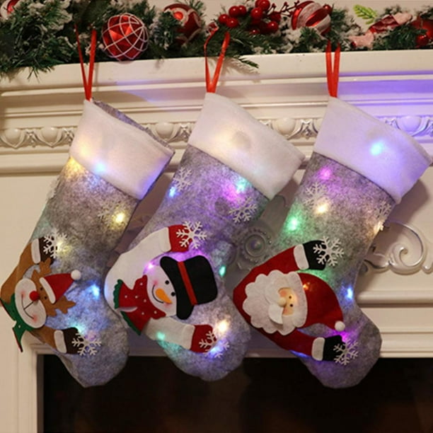 Set of 3 Christmas Stockings with LED Light,Fireplace Hanging Christmas ...