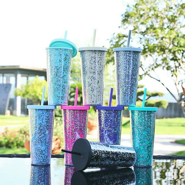 24OZ/710ml Water Cup with Straw Glitter Double Wall Wavy Edge Straight Tumbler Juice Iced Coffee ...