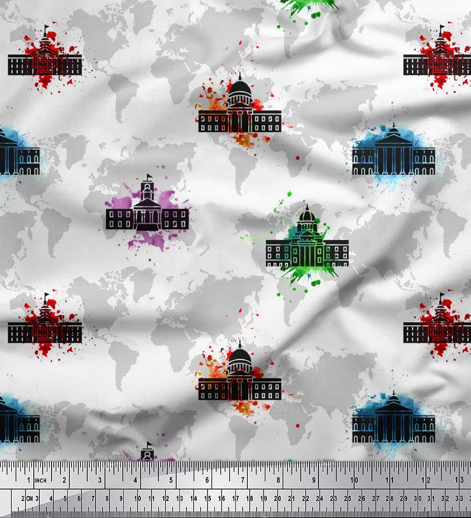 Soimoi Black Silk Fabric Brush Stroke & Sketch Monuments Architectural ...