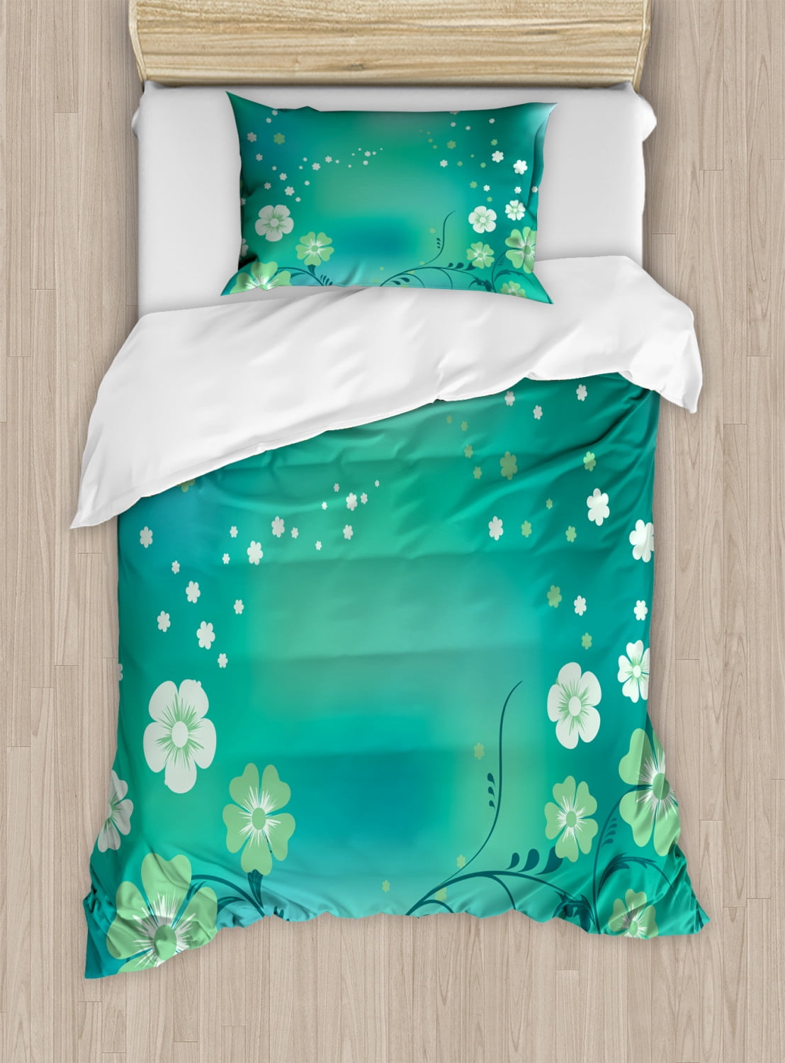 Green Flower Duvet Cover Set Twin Size Magical Floral Arrangement