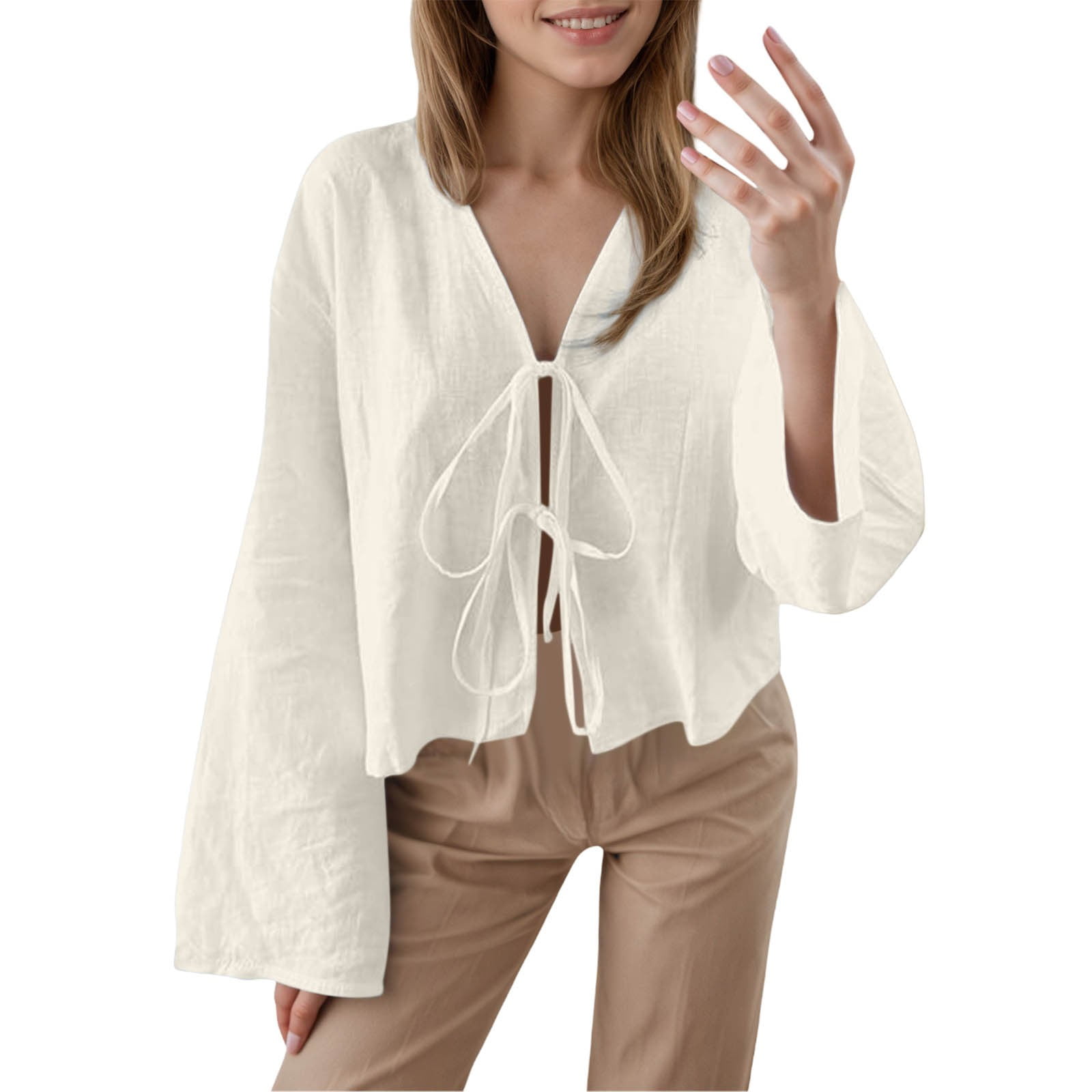 Click here for Chaochao Womens Tie Front Blouse With Puff Sleeve... prices