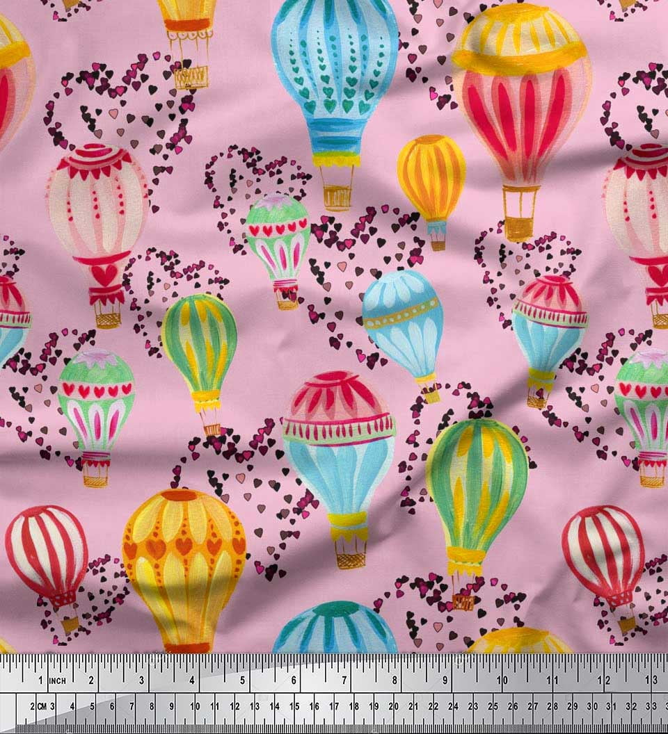 Soimoi Satin Silk Fabric Heart & Hot Air Balloon Holiday Print Fabric ...