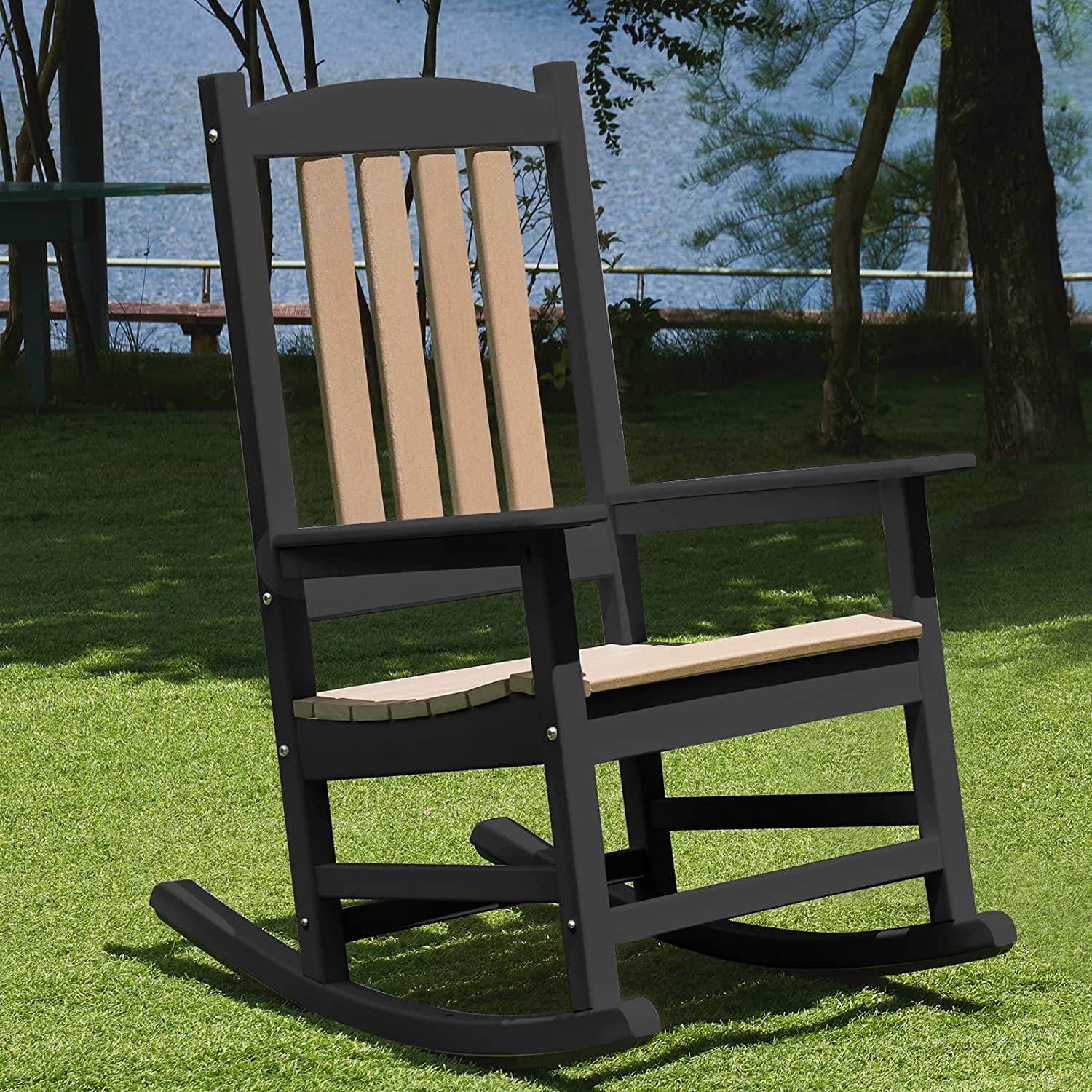 OTSUN Outdoor Wood Porch Rocking Chair, Black & Brown Color, Weather ...