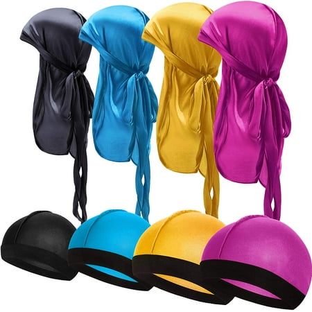 8 Pieces Silky Durag Caps Elastic Wave Cap Long Tail Headwraps Wide ...
