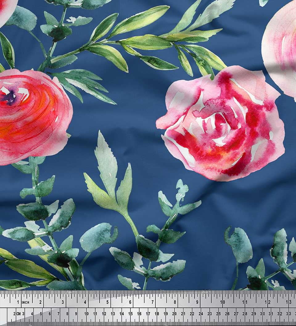 Soimoi Blue Poly Georgette Fabric Leaves & Floral Print Fabric by The ...