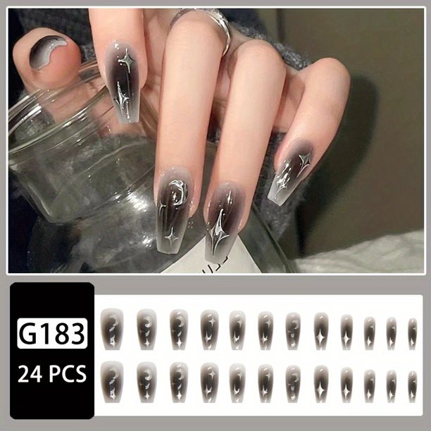 24 pcs Glossy Black Gradient Press On Nails - Full Cover Coffin Designs ...