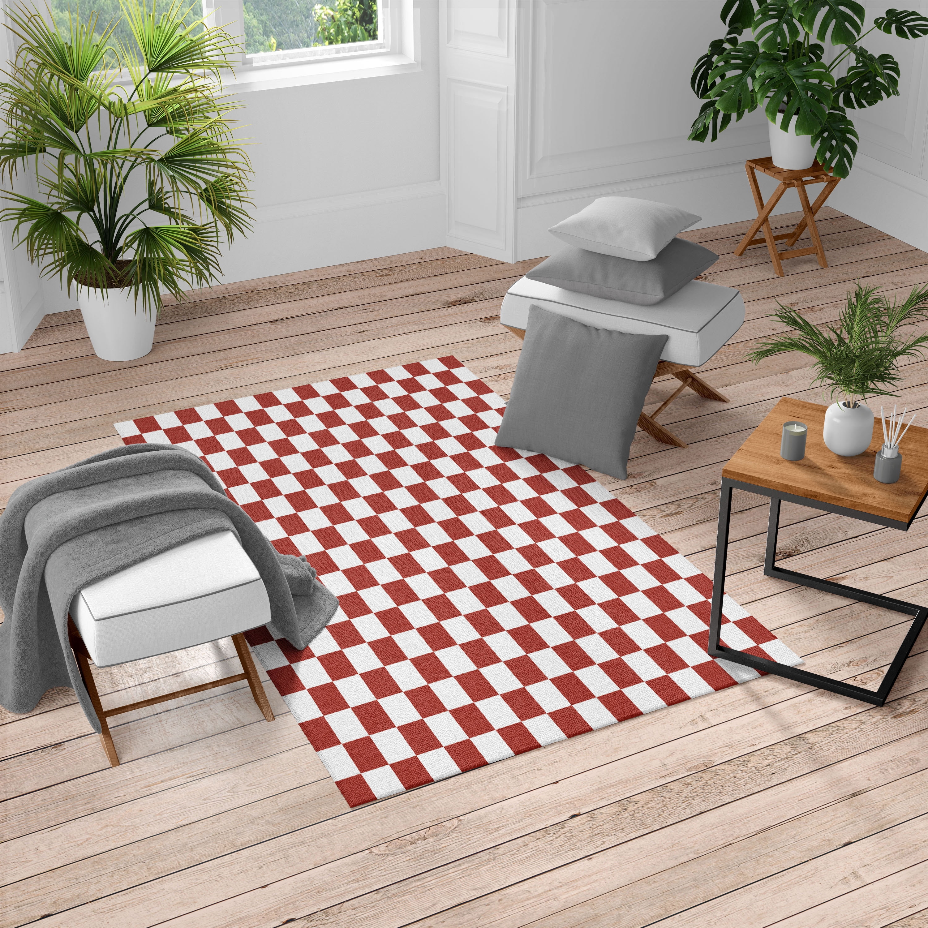Checkers Game Turkish Area Rug, Geometric Grid Style Monochrome Squares ...