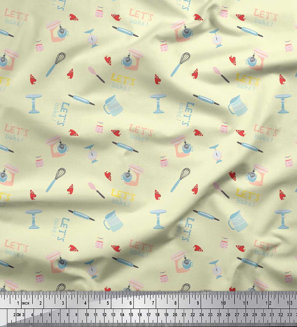 Soimoi Yellow polyester Crepe Fabric Lets Bake Kitchen Print Fabric by ...