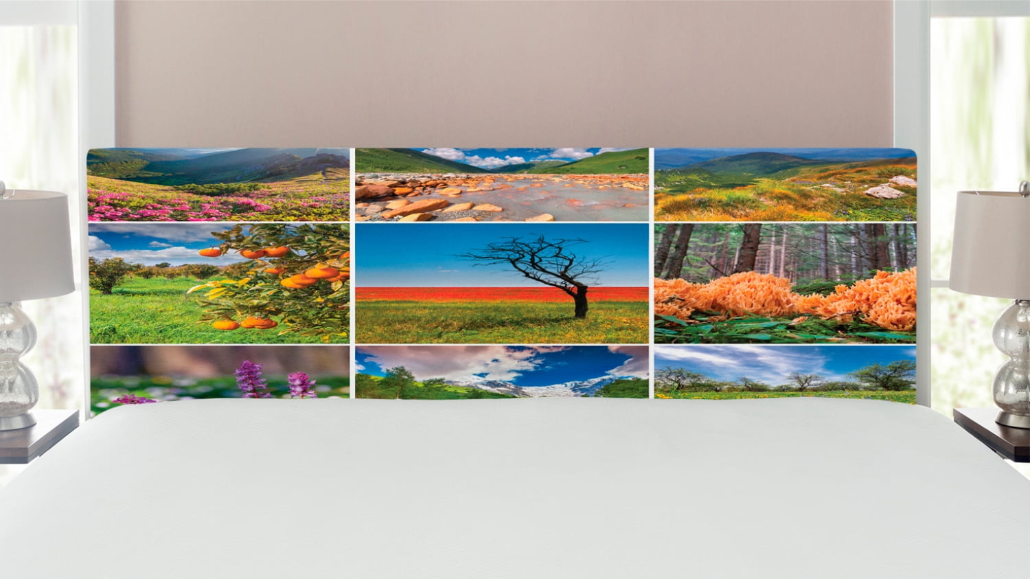 Summer Headboard, Collage with Summer Scenery Majestic Mountains ...