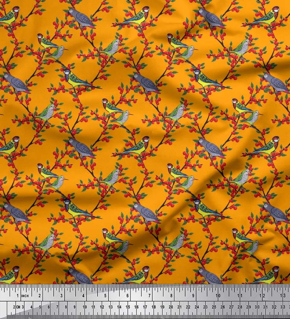 Soimoi Velvet Fabric Leaves,Red Berries & Parrot Bird Print Fabric by ...