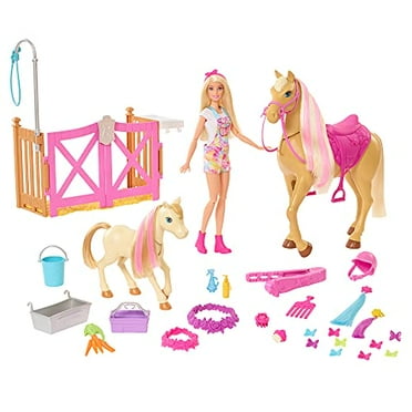 MEGA Barbie Building Toy Kit Horse Stables with 3 Dolls and Accessories ...