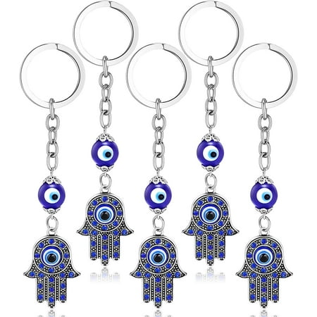 5 Pieces Hamsa Hand Keychain Evil Eye Silver Keychain Fatima Protection Charms Blue Good Luck ...