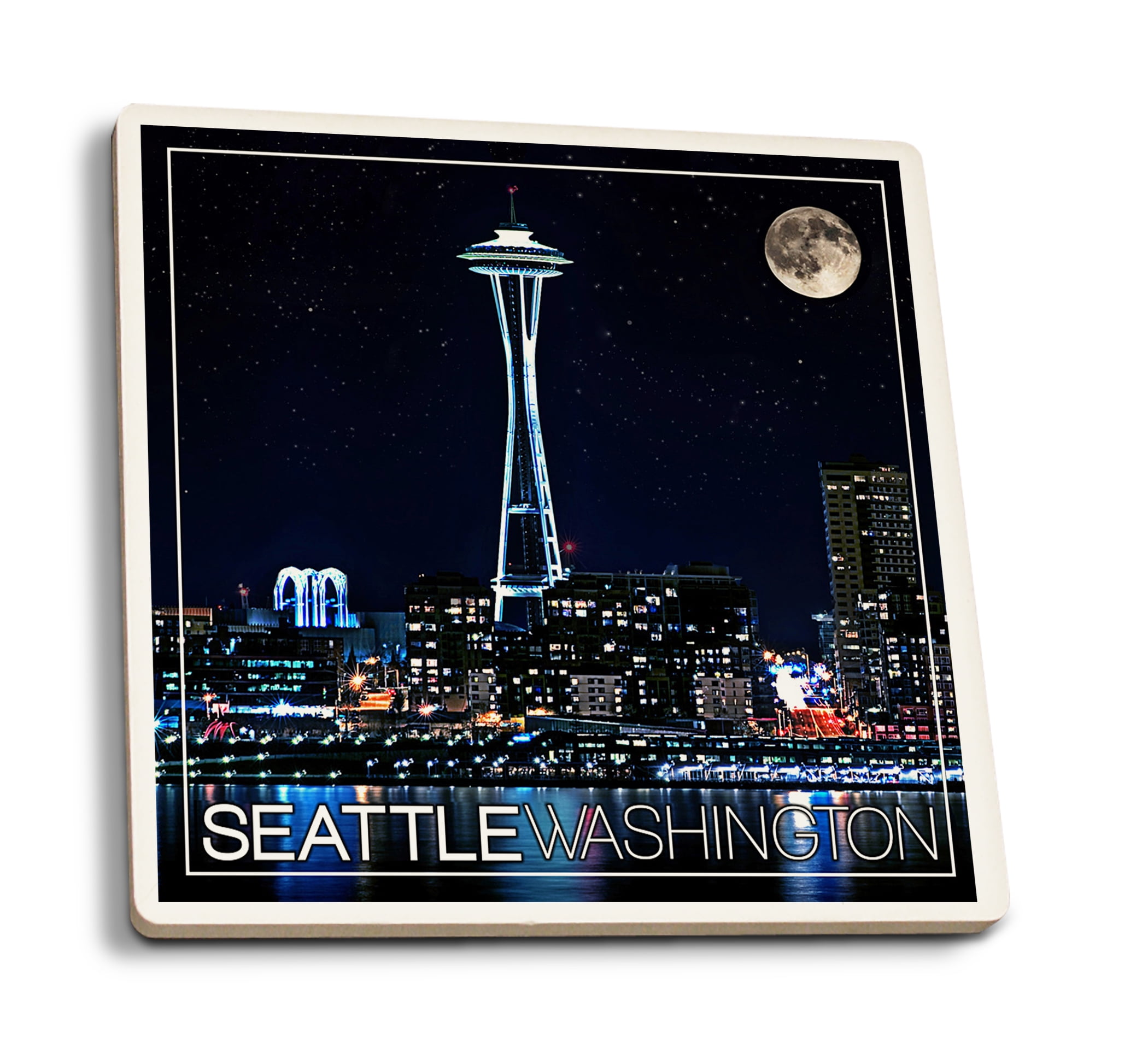 Seattle, Washington, Skyline and Full Moon at Night (Absorbent Ceramic ...