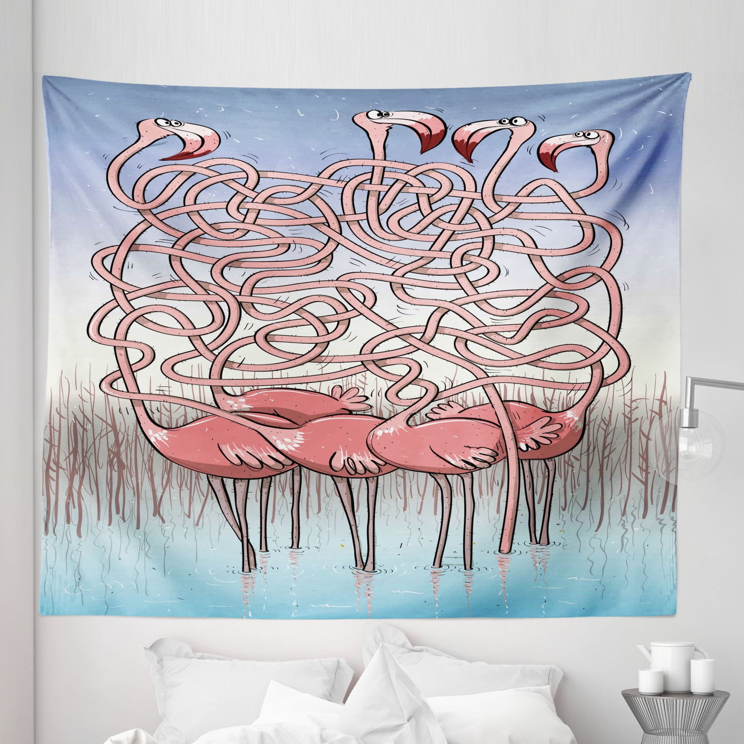 Fun Tapestry, 5 Flamingos Maze Game Joyful Animal Cartoon Reed Bed ...