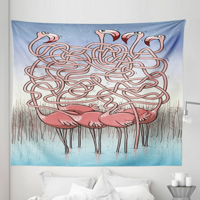 Fun Tapestry, 5 Flamingos Maze Game Joyful Animal Cartoon Reed Bed ...