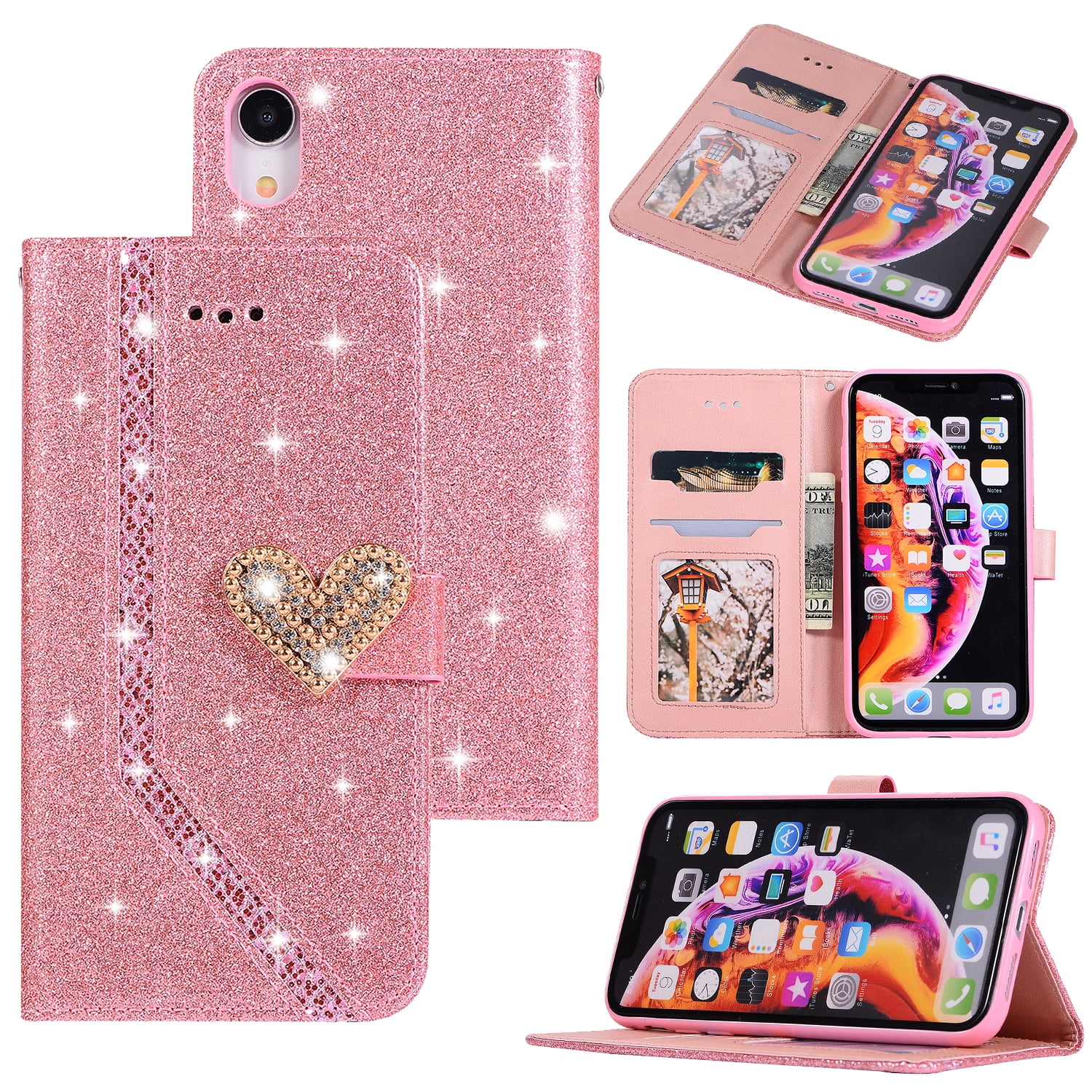 iPhone XR Case, Allytech PU Leather Glitter Bling Diamond Embossed ...