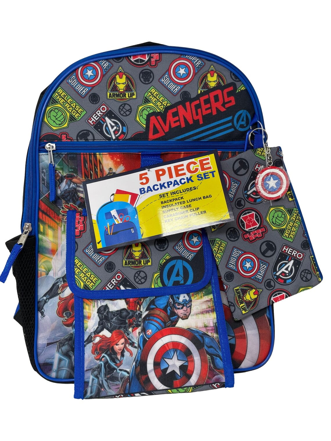 Marvel Avengers 16" Backpack 5pc Set with Lunch Kit, Key Chain ...
