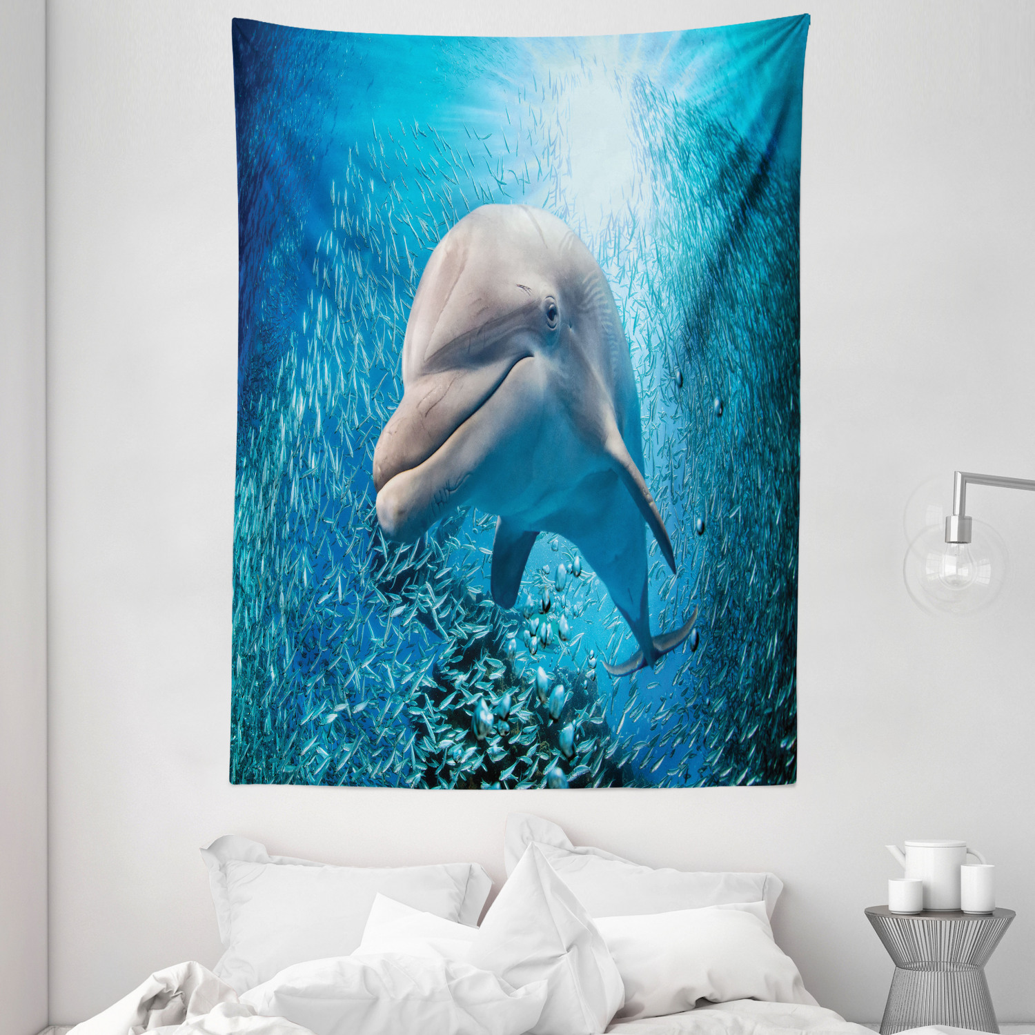 Sea Animals Decor Tapestry, A Bottlenose Dolphin in Ocean Fish Sunlight ...