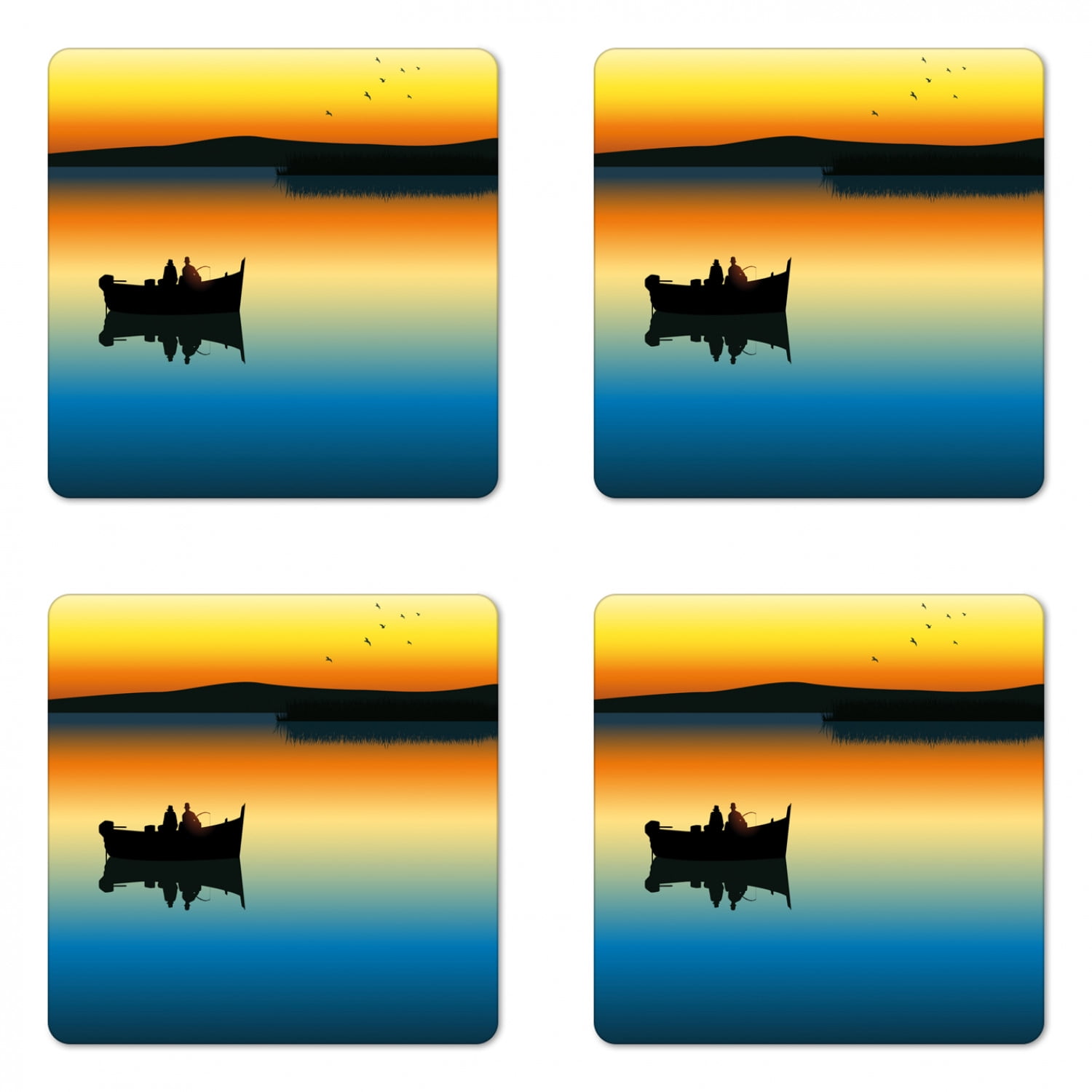 Fishing Coaster Set of 4, Buddies on Tranquil Still Lake at Epic Sunset ...