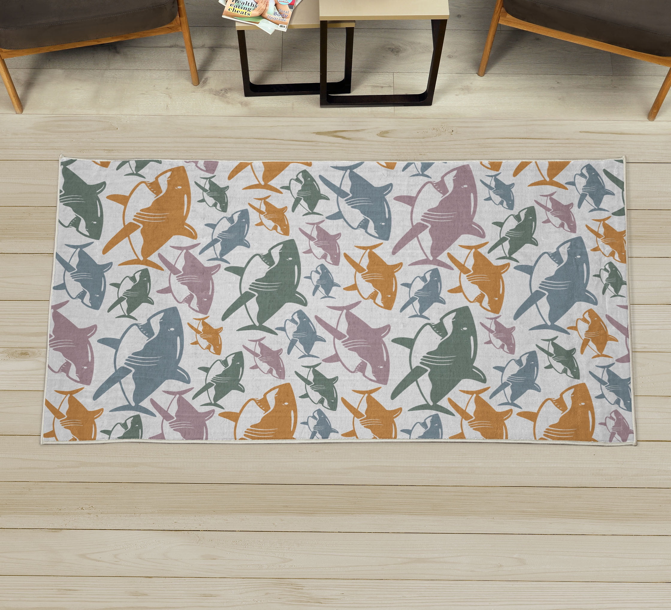 Shark Decorative Rug, Colorful Underwater Fish Pattern Masters Survival ...
