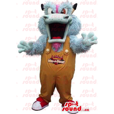 Blue Monster Plush SPOTSOUND Mascot With A Large Mouth In Overalls With ...