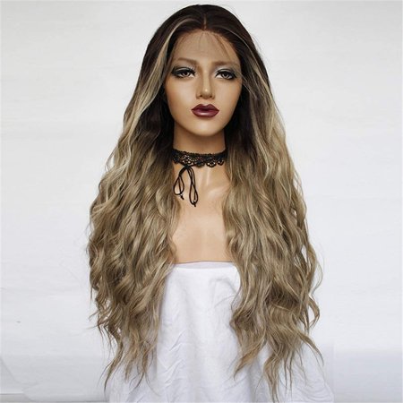 Black Roots Hair Wigs Long Body Wave Side Part Synthetic Lace Front Wig ...