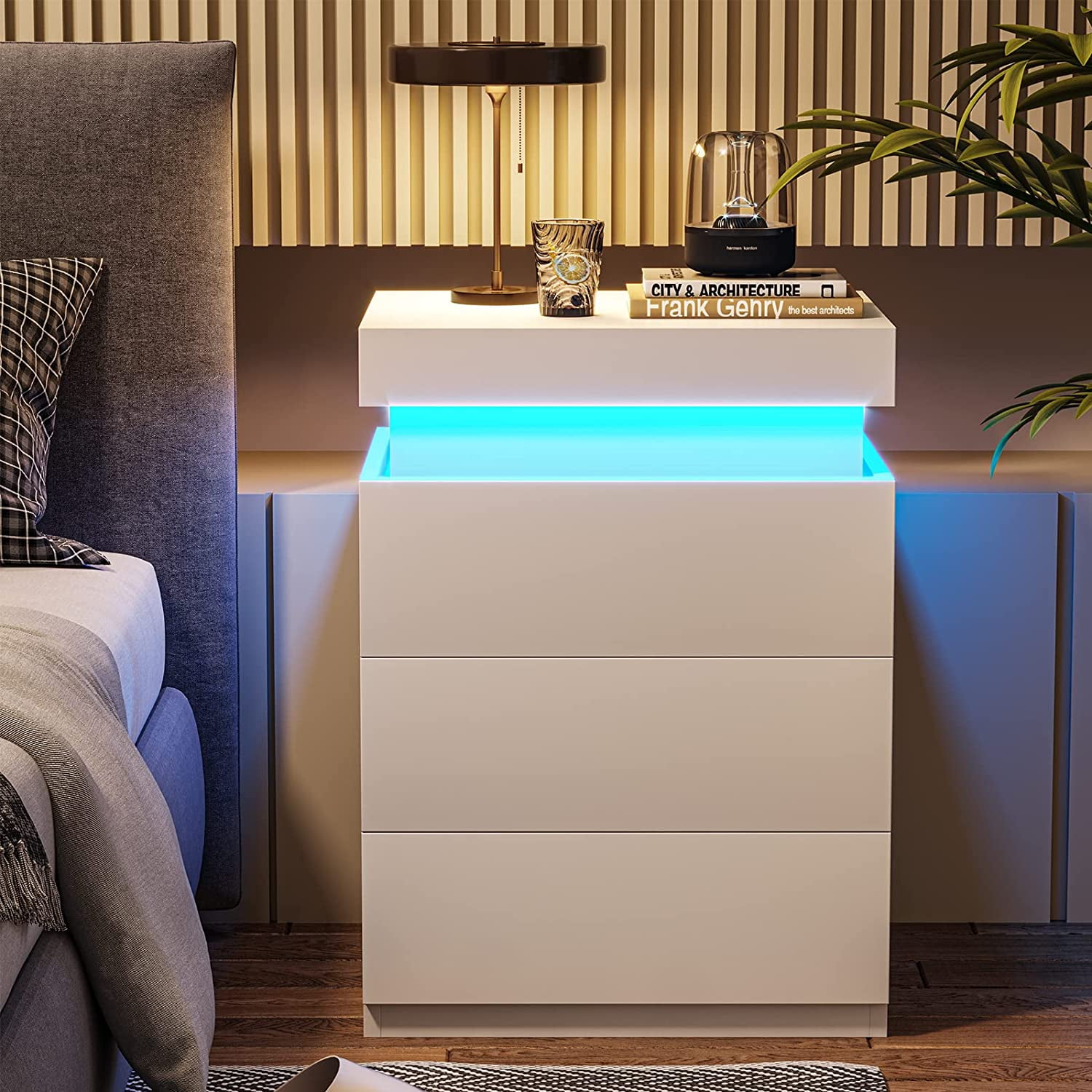 ADORNEVE Nightstand With Charging Station And LED Lights 3 Drawers
