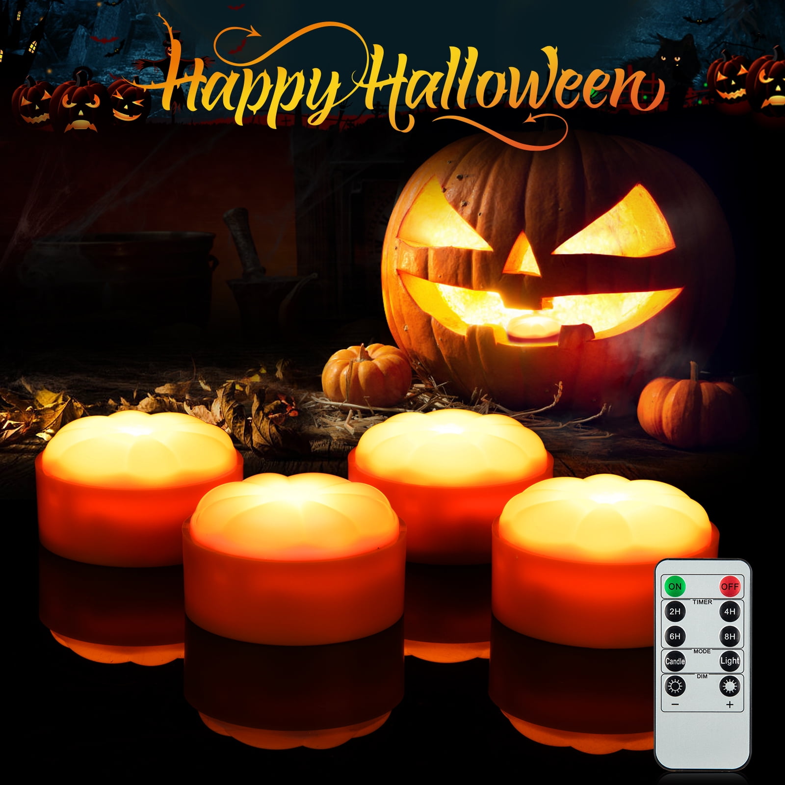 DSstyles 4-Pack Halloween Pumpkin Lights with Remote and Timer, LED ...