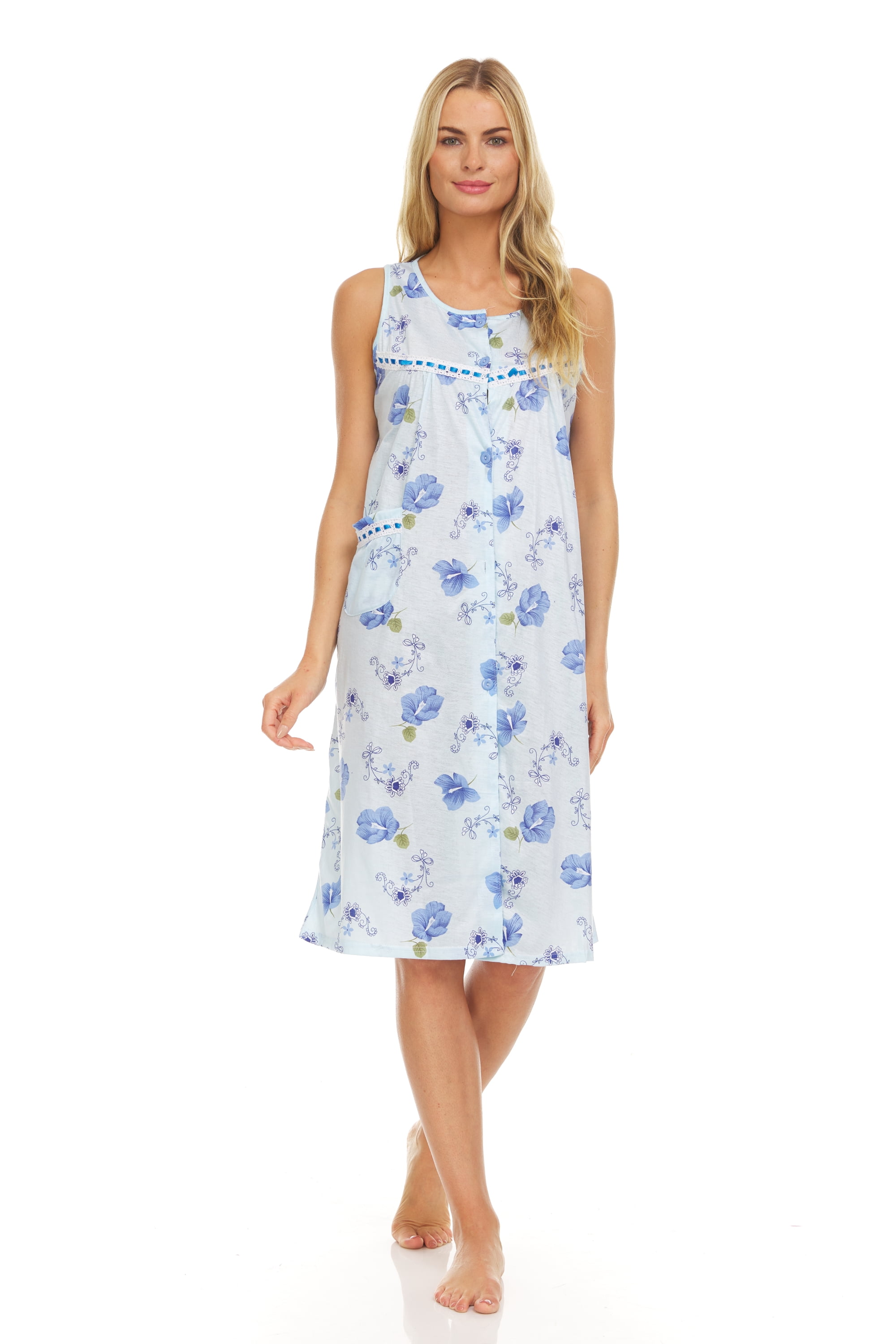EZI Women's Sleeveless Cotton-rich Button-down Nightgown House Dress ...