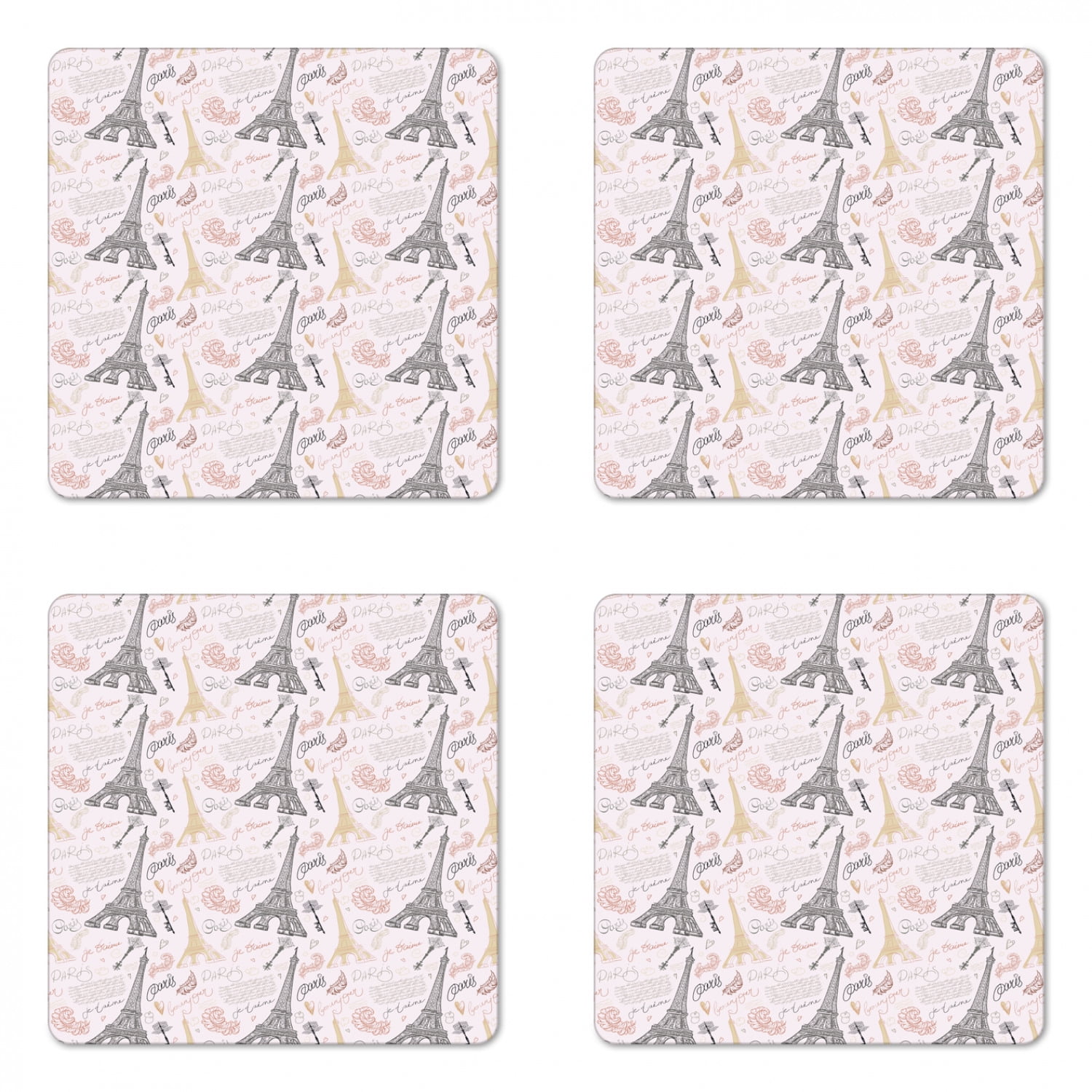 Paris Coaster Set of 4, Eiffel Tower Sketch with Hand Lettering City ...