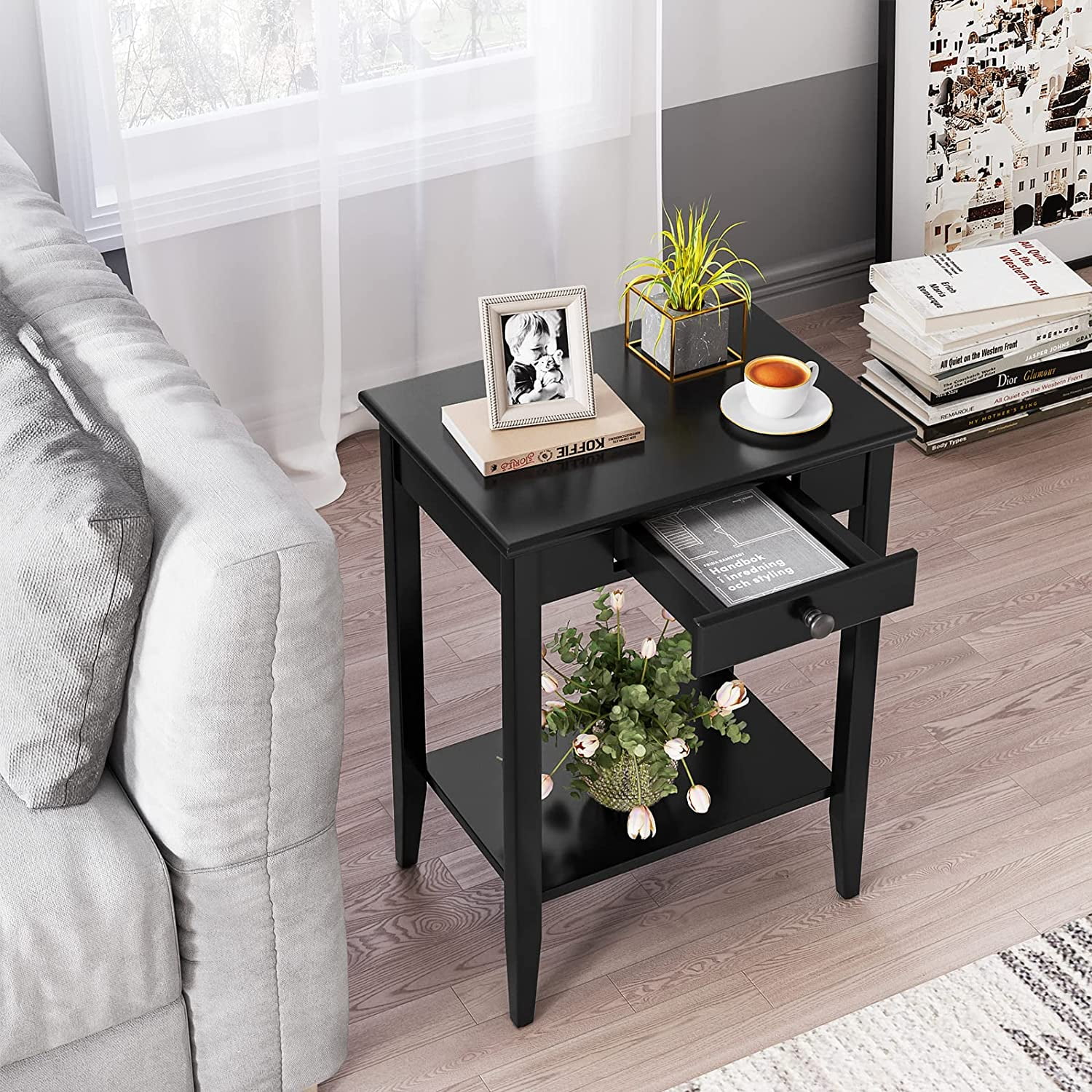 Table with Drawer Black End Table Narrow Bedside Tables with 2-Tier ...