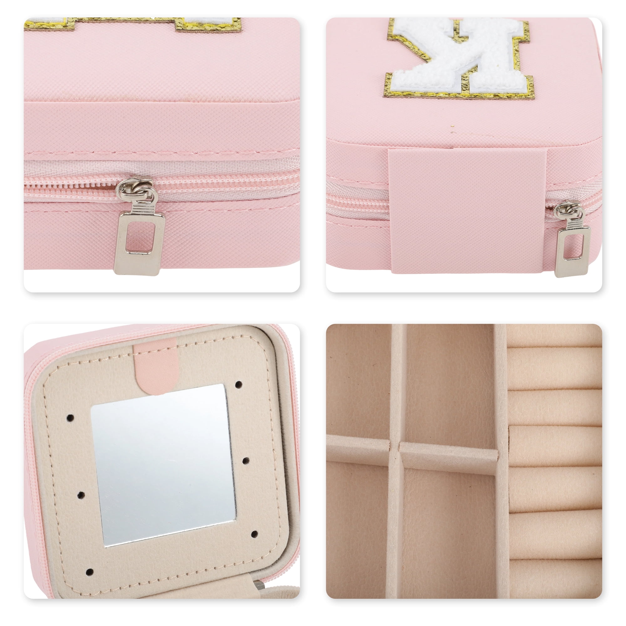 Unique Bargains 1 Pc Letter K Jewelry Case Organizer With Mirror Pink