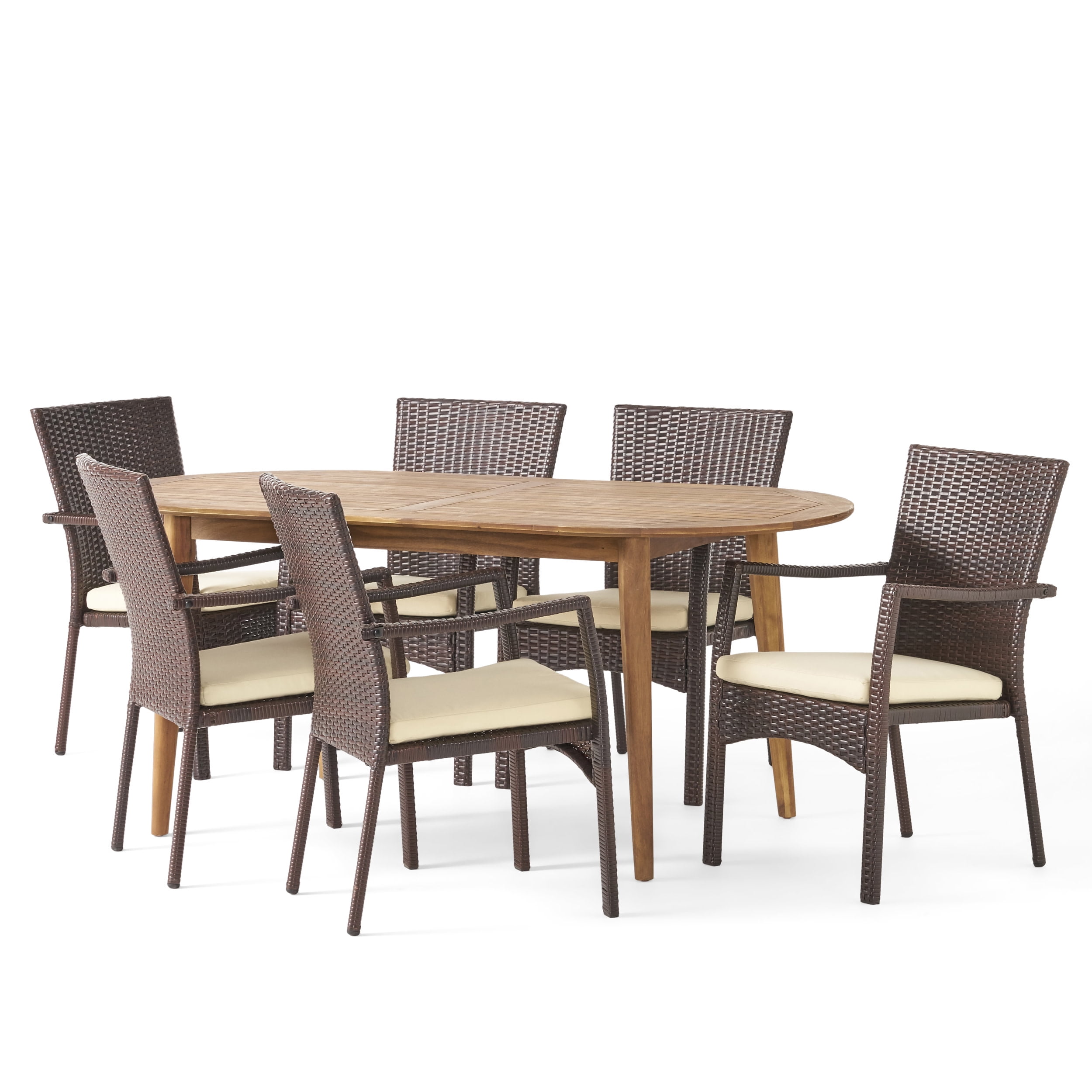 GDF Studio Hammersley Outdoor Acacia Wood and Wicker 7 Piece Dining Set ...