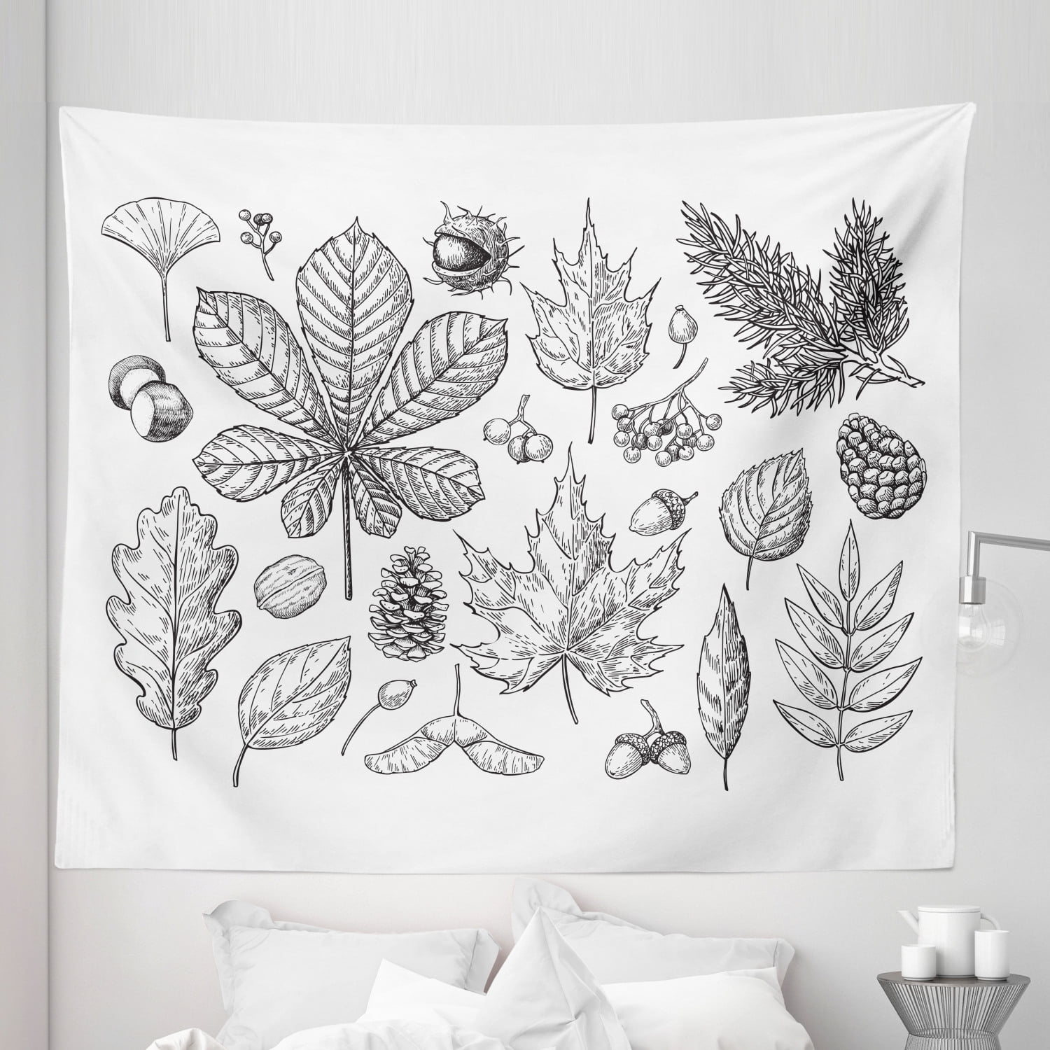 Oak Tree Tapestry, Hand Sketch Autumn Nature Design Leaves Acorn Fir ...