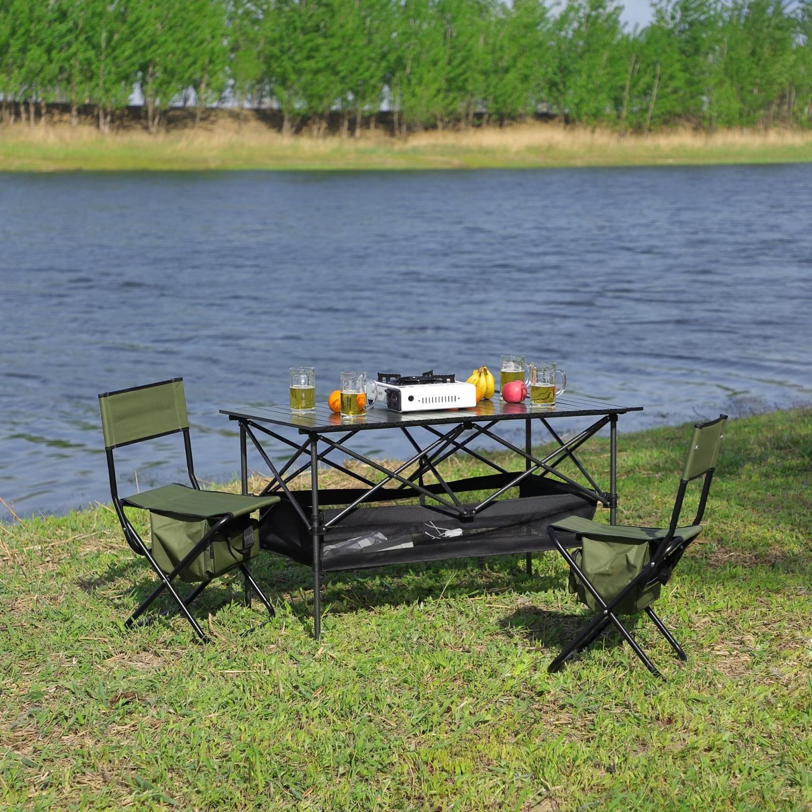 Set of 3 Folding Outdoor Table and Chair Set, Portable Camping Table ...