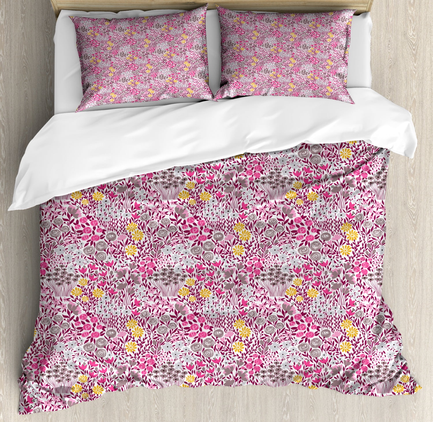 Pink Floral Duvet Cover Set Queen Size, Abstract Garden with Various ...