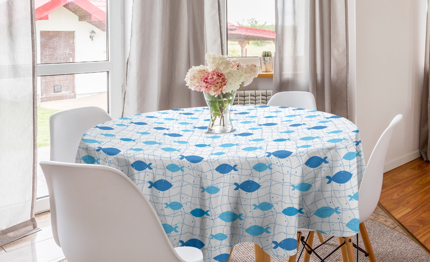 Fish Round Tablecloth, Fish Net with Polka Dots Abstract Animal ...