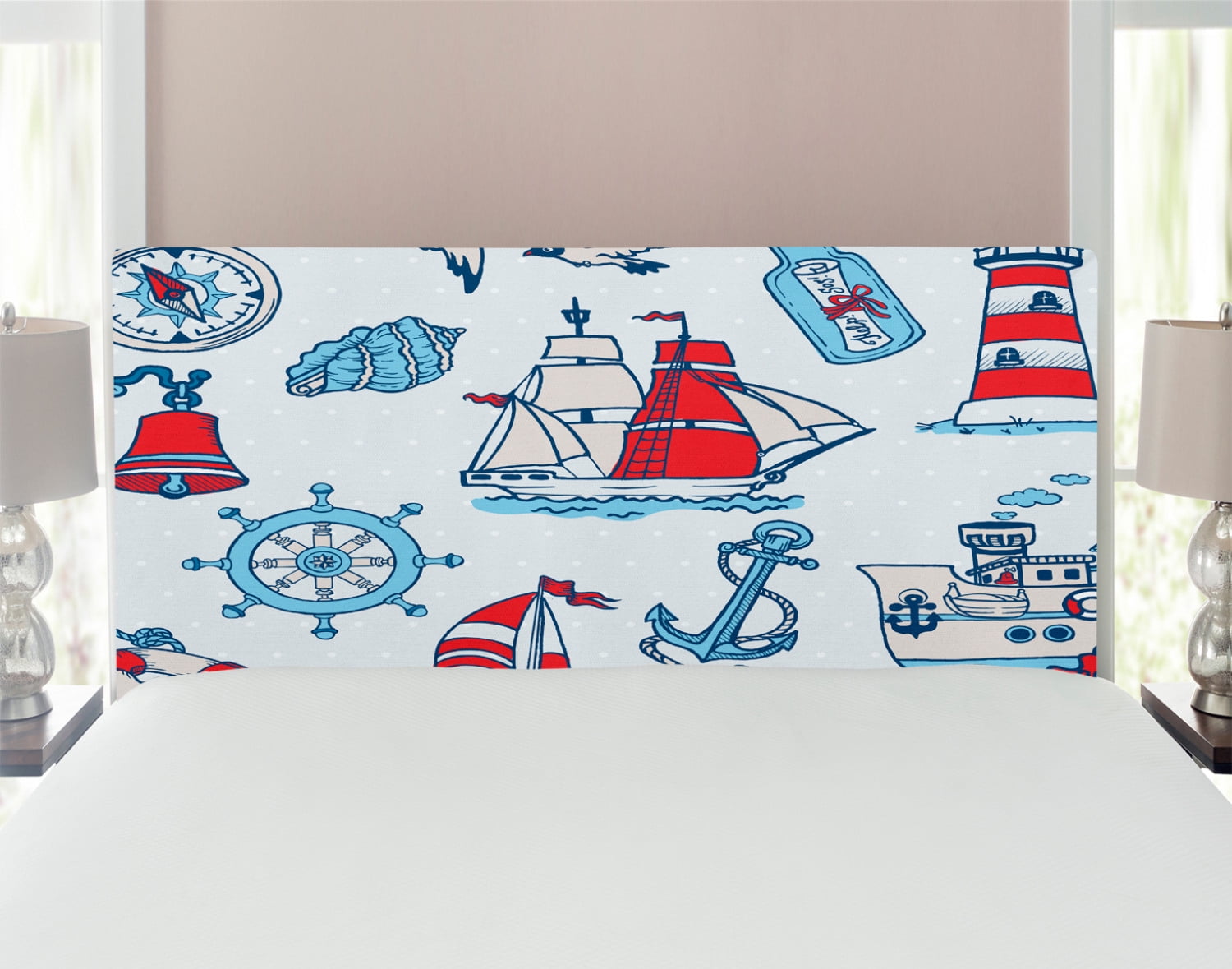 Nautical Headboard, Symbolic Sea Creatures Navigation Gulls Compass ...