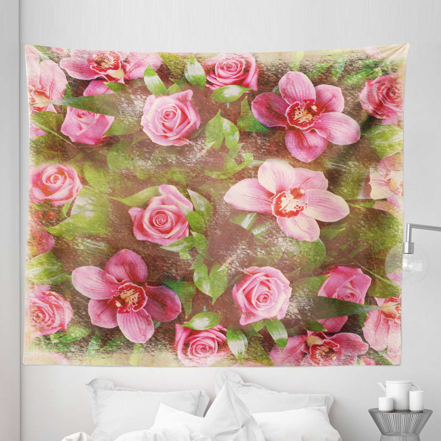 Shabby Flora Tapestry, Romantic Retro Floral Composition Grunge Wedding ...