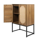 High Cabinet with 2 Curved Rattan Doors, 2-Tier Storage Cabinet with ...