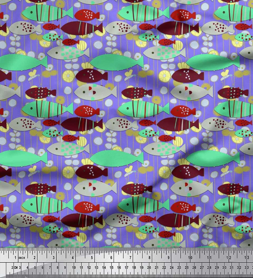 Soimoi Satin Silk Fabric Fish Cartoon Print Fabric by The Yard 42 Inch ...