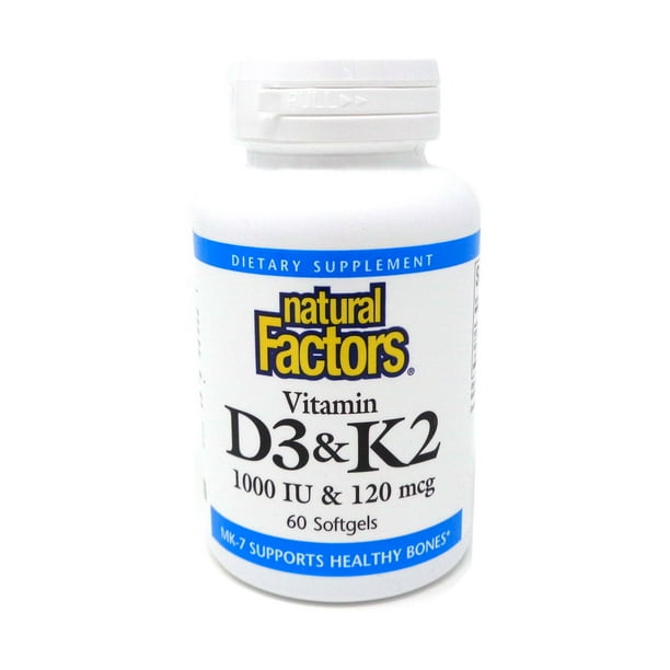Natural Factors Vitamin D3 & K2 1000IU & 120 mcg- 60 Softgels - Walmart.com